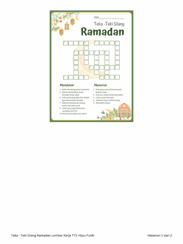 Teka - Teki Silang Ramadan Lembar Kerja TTS Hijau Putih_20250311_125924_0000 | PDF