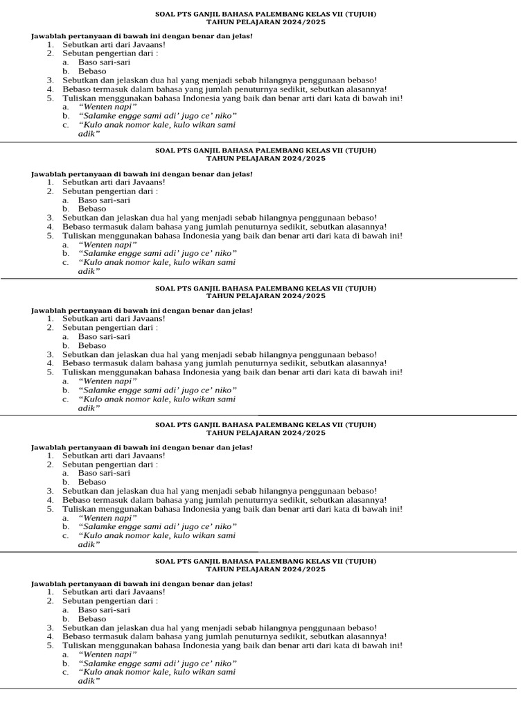 Soal PTS Bahasa Palembang Ganjil Kelas Vii, Viii, Ix | PDF