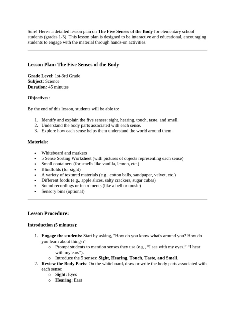 Grade 3 Lesson Plan: Five Senses | PDF | Senses | Taste