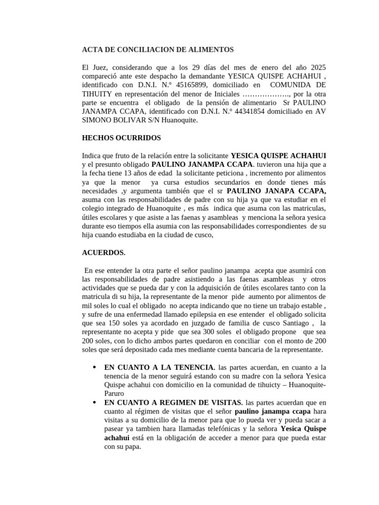 ACTA DE CONCILIACION DE ALIMENTOS | PDF