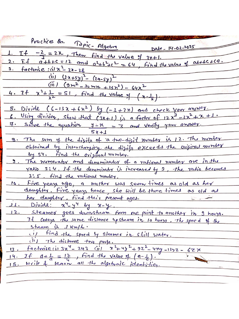 Practice Qs - Topic - Algebra Class - VIII Subject-Maths | PDF