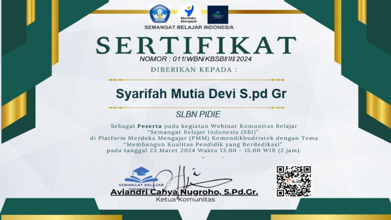 SERTIFIKAT GURU MASA KINI - Syarifah Mutia Devi S.PD GR | PDF
