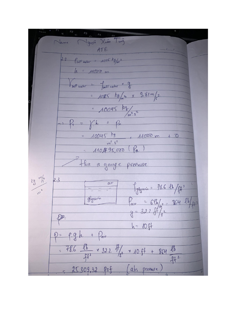 HW_Nguyễn Xuân Tùng_Fluid_Mechanics_Lecture2-3 | PDF