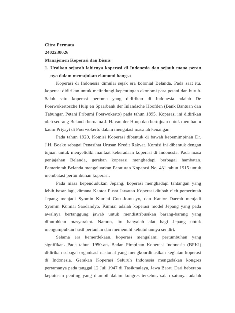Tugas Manajemen Koperasi Dan Bisnis Citra Permata - 2402230026 | PDF