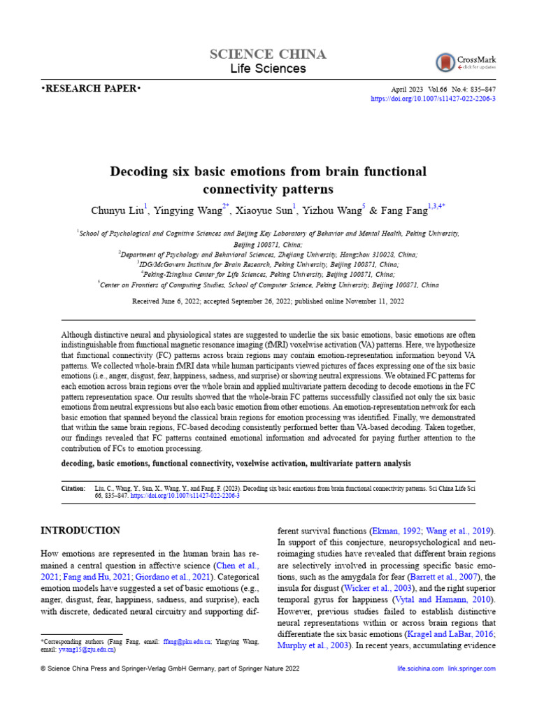 Decoding Six Basic Emotions From Brain Functional Connectivity Patterns | PDF | Emotions ...