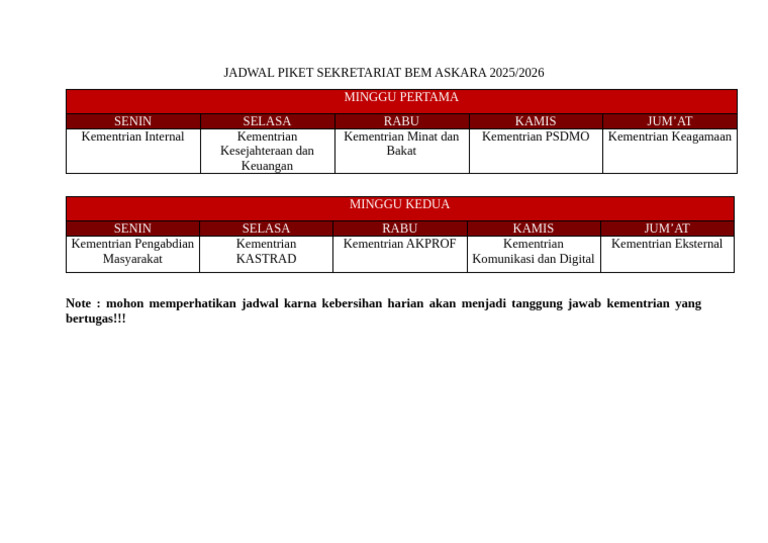 Jadwal Piket Sekretariat Bem Askara 2025 | PDF