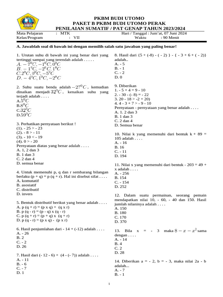 SOAL PAT MTK KLS VII 23 24 | PDF