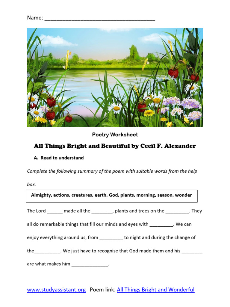 All Things Bright and Beautiful Poem Worksheet | PDF | Poetry | Rhyme