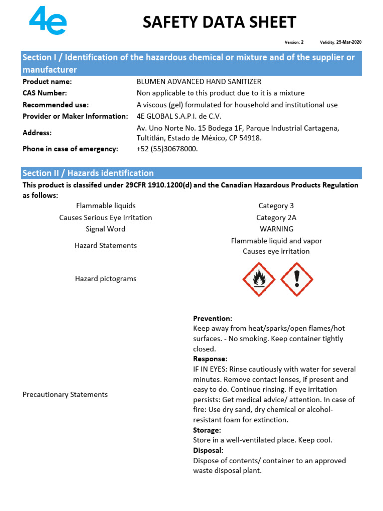 Blumen Advanced Hand Sanitizer SDS | PDF | Water | Fires