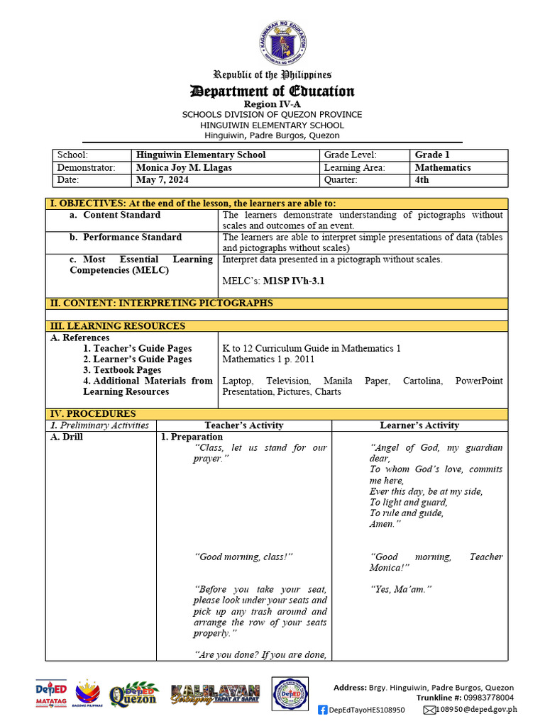 Math 1 Lesson Plan Pictograph | PDF | Learning