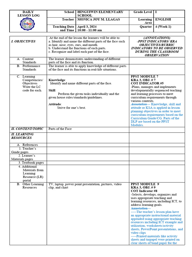 Cot DLP English 1 Parts of The Face New | PDF | Educational Assessment | Learning