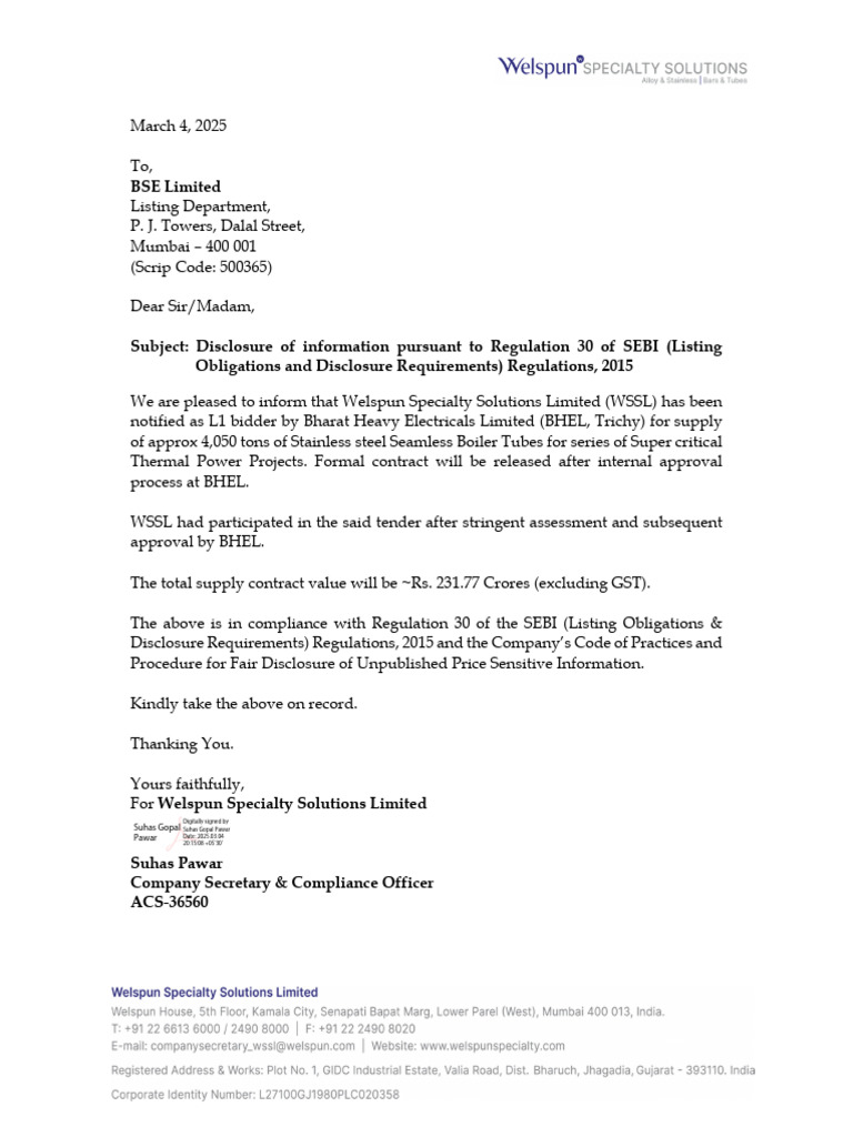 WSSL Wins BHEL Boiler Tube Contract | PDF