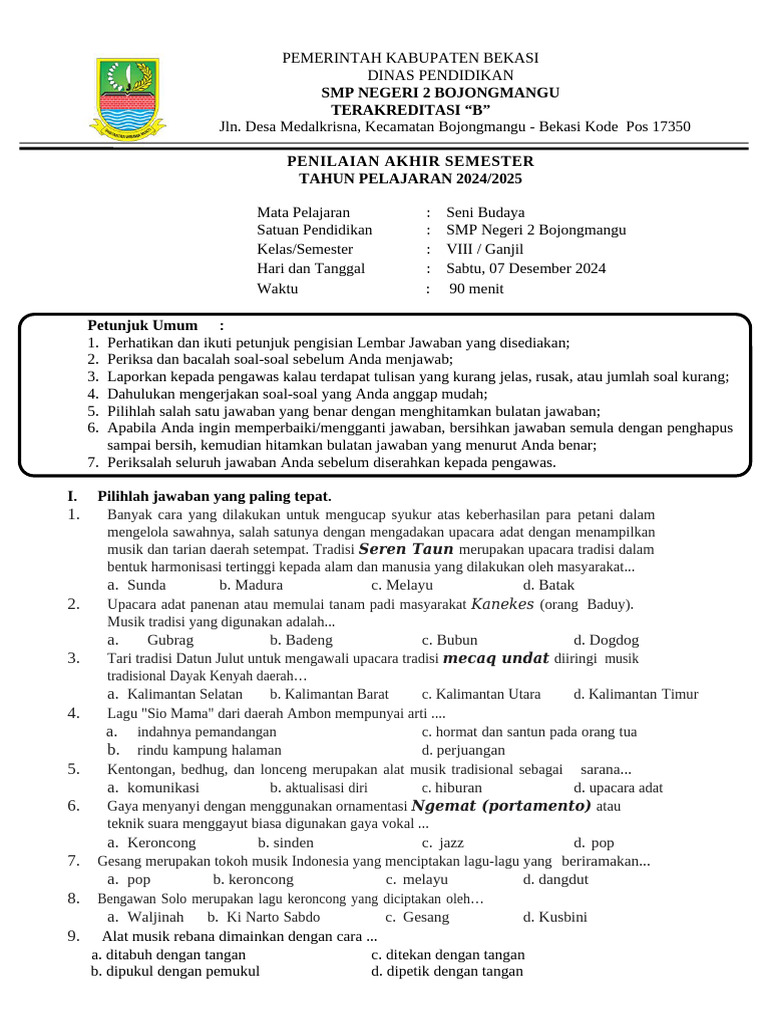 soal psas sbk kls 8 2024 smt 1 | PDF