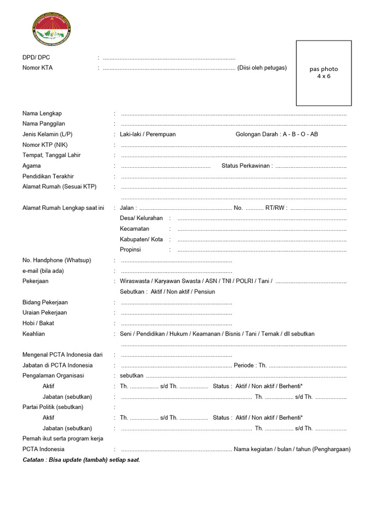 Formulir KTA PCTA Indonesia | PDF