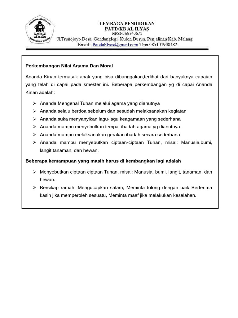 Contoh Format Rapot B | PDF
