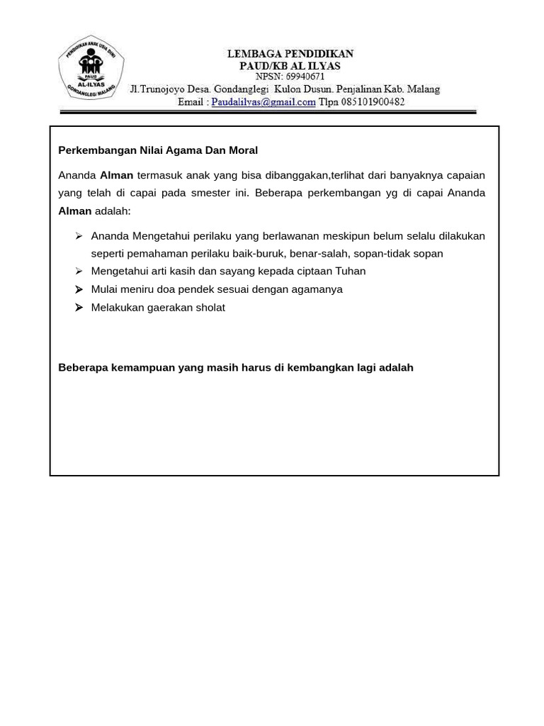 Contoh Format Rapot A | PDF