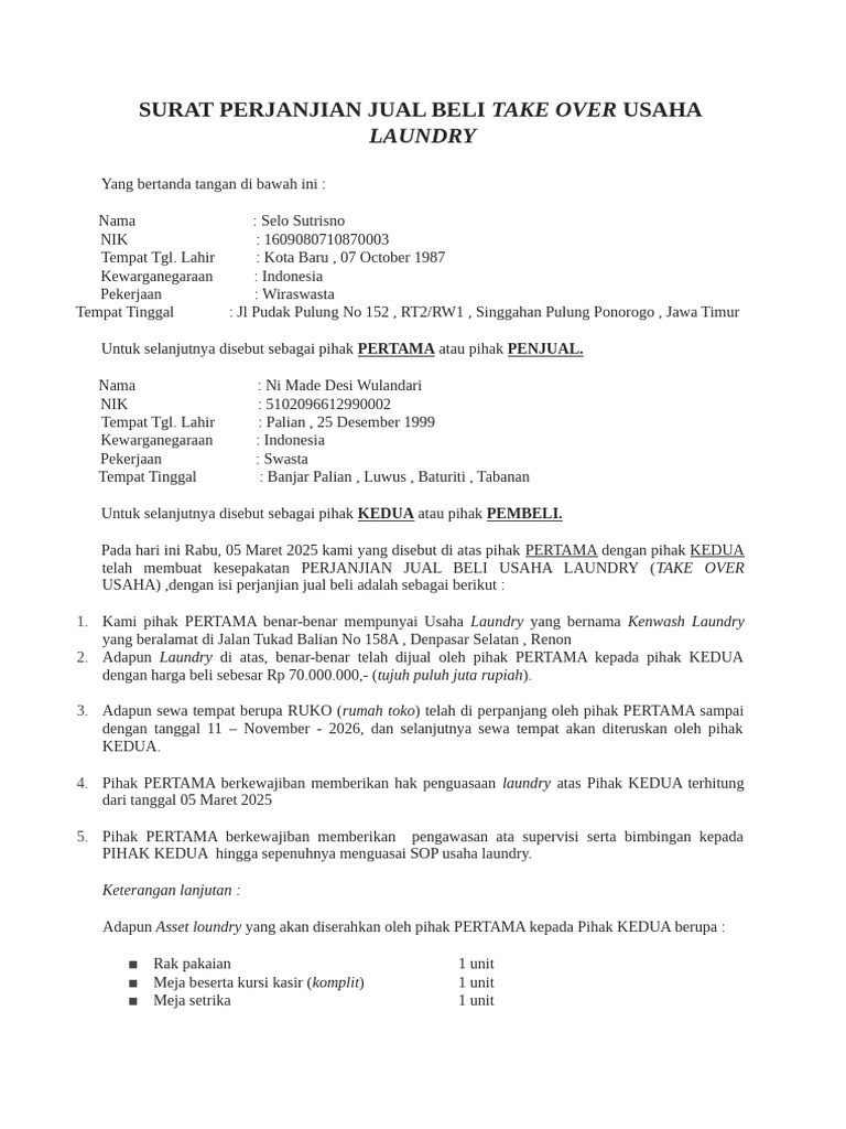 Kontrak Perjanjian Take Over Laundry Selo | PDF
