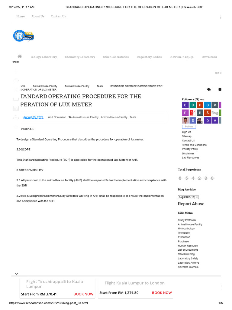 Standard Operating Procedure For The Operation of Lux Meter - Research ...
