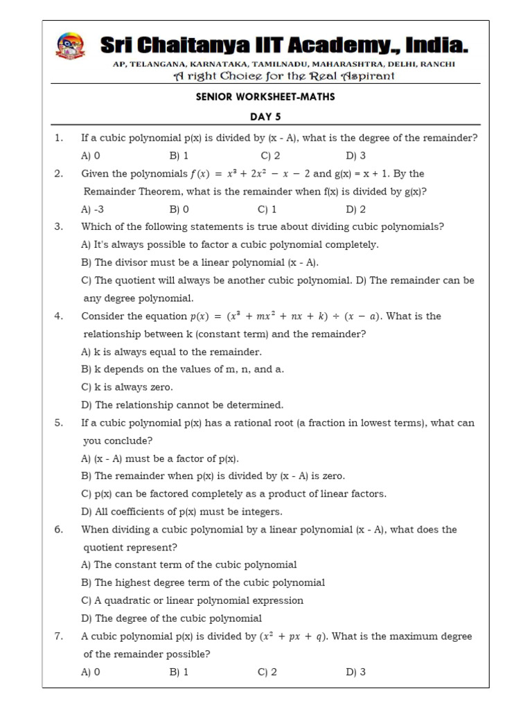 Senior Maths Worksheet Day 05 | PDF | Factorization | Polynomial