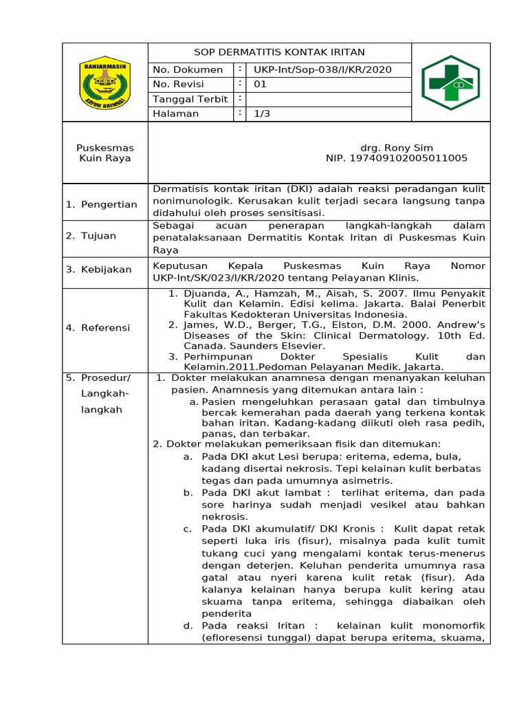 SOP Dermatitis Kontak Iritan | PDF