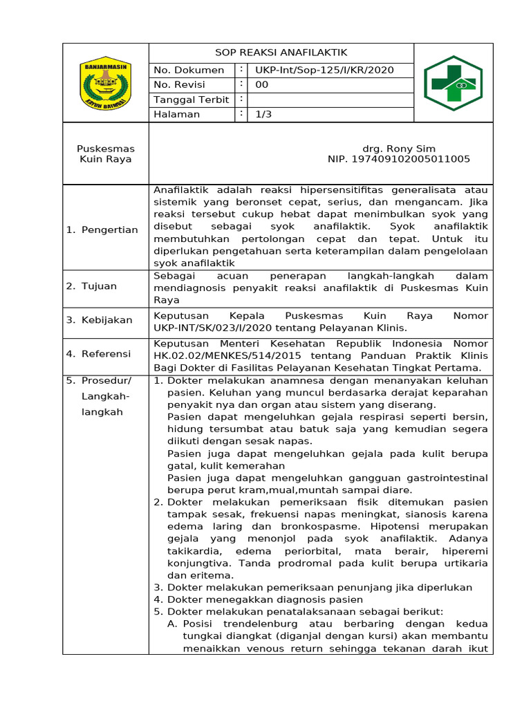 SOP Reaksi Anafilaktik | PDF
