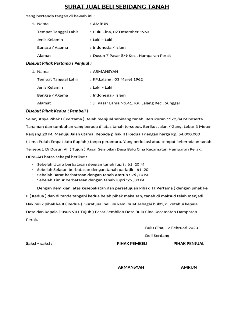SURAT JUAL BELI SEBIDANG TANAH | PDF