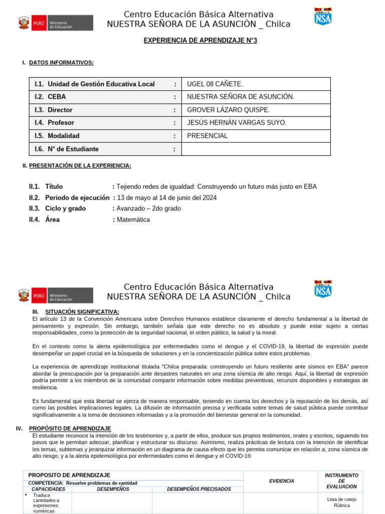 Experiencia de Aprendizaje 3 - Matematica - 2do Grado | PDF ...
