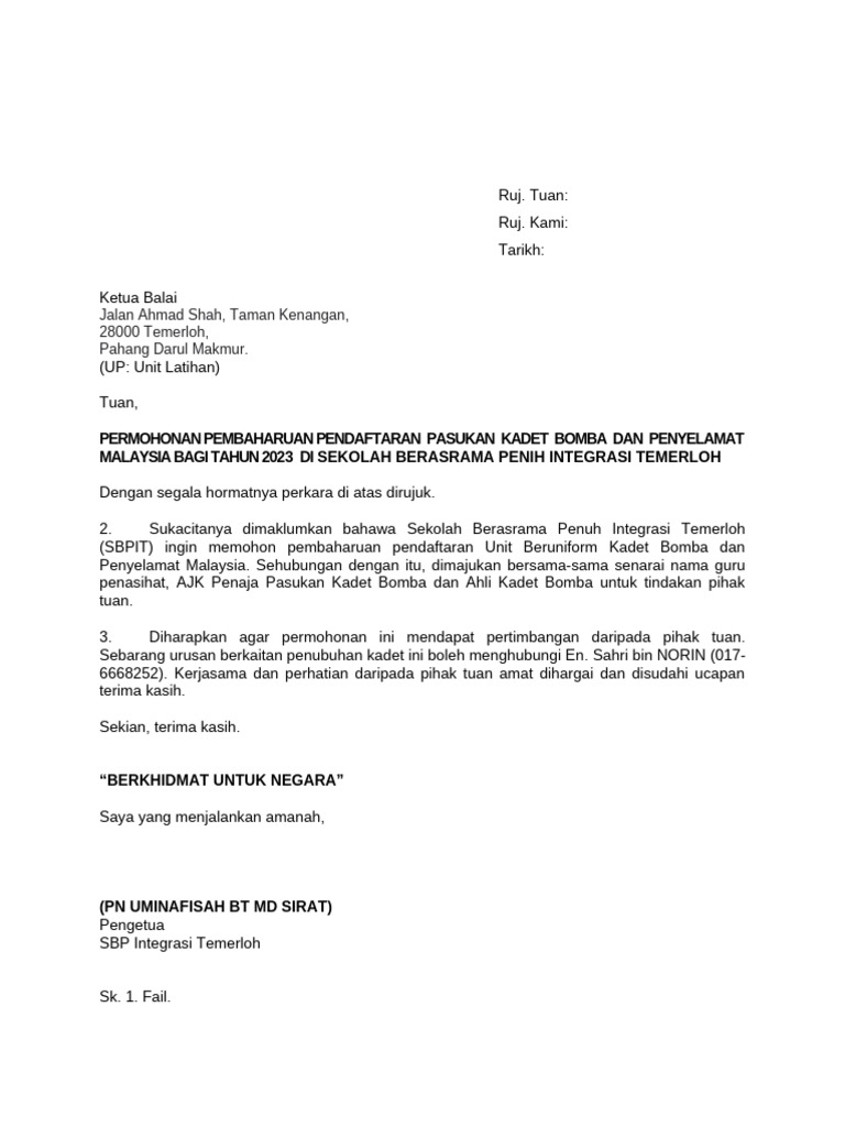 Surat Permohonan Penubuhan Kadet Bomba Hwalian 2021 | PDF