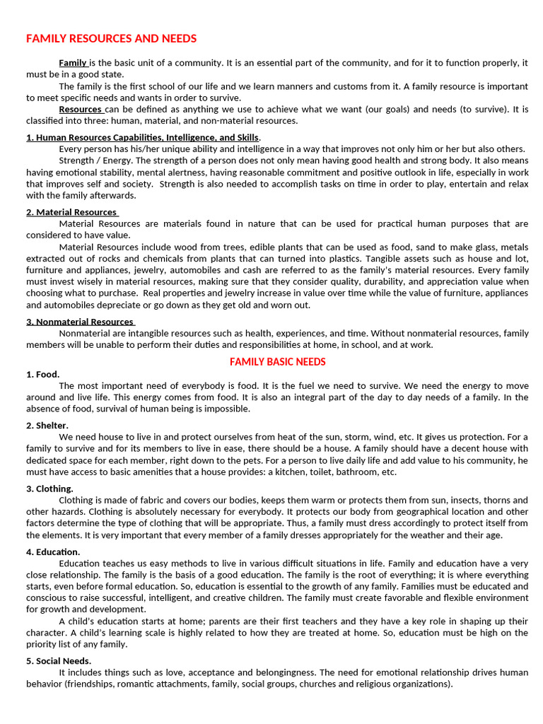 Family Resources and Basic Needs Explained | PDF | Overtime | Salary