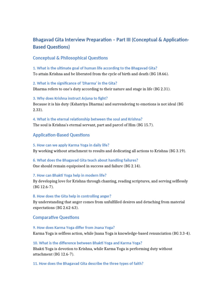 Bhagavad Gita 100 Questions Part III Final | PDF