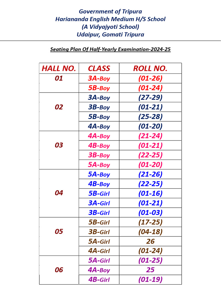 Half-Yearly Exam Seating Plan 2024-25 | PDF