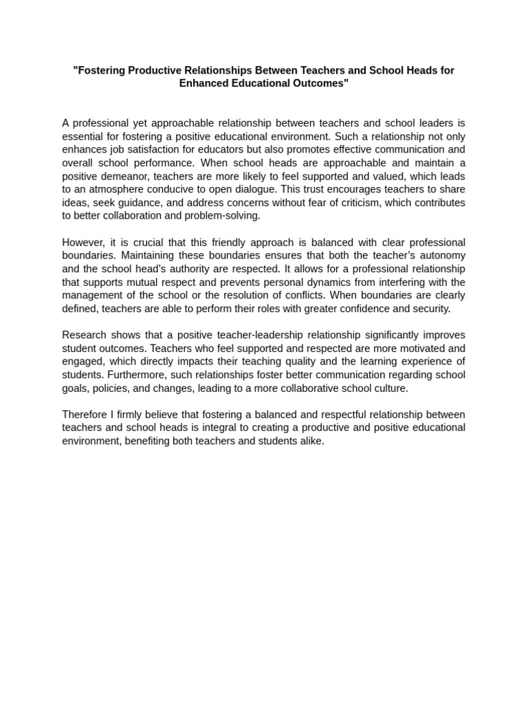 Fostering Productive Relationships Between Teachers and School Heads for Enhanced Educational ...