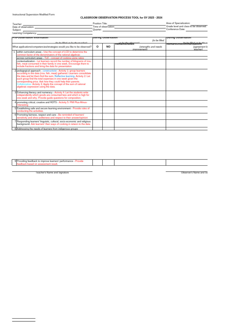 Pre Post Obsevation | PDF | Learning | Teachers
