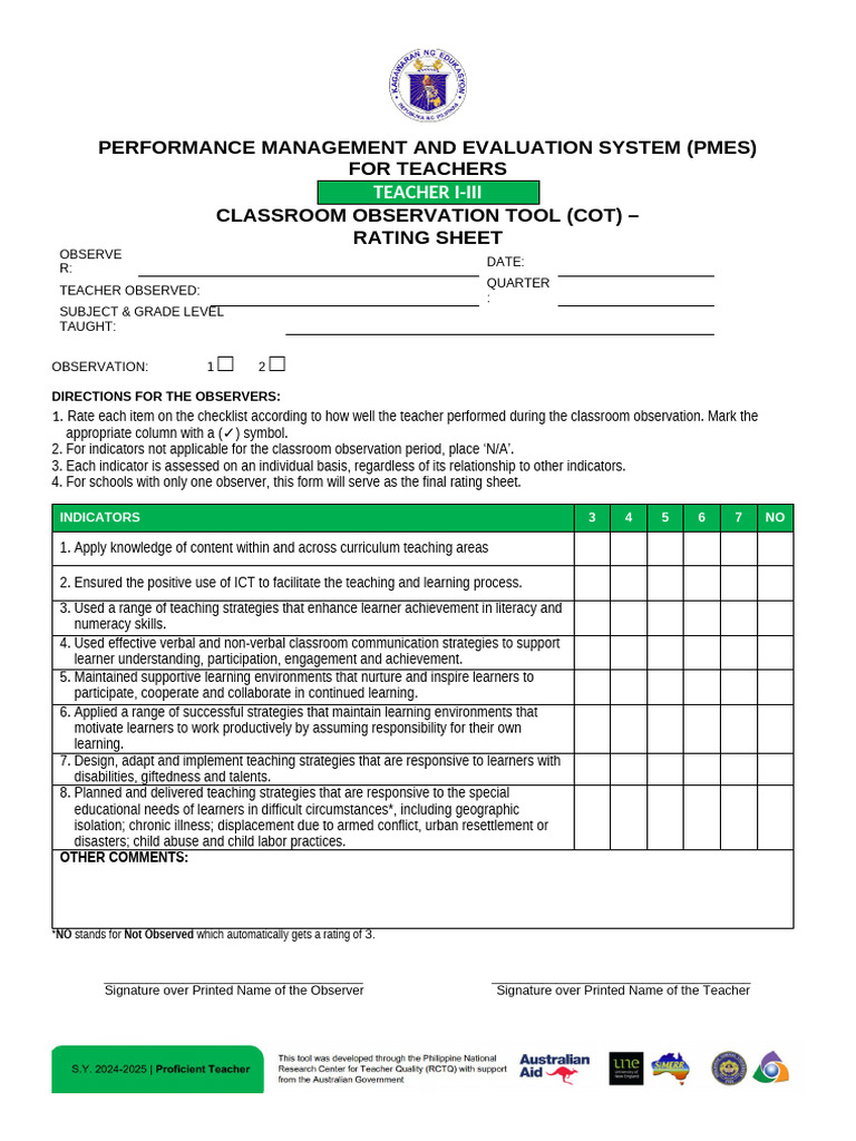 Annex C 3 - COT Rating Sheet For Proficient Teacher For SY 2024 2025 | PDF | Learning | Teachers