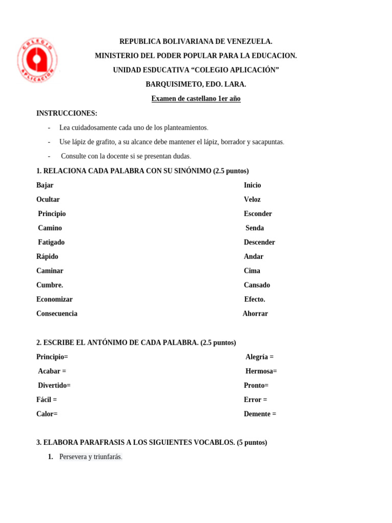 Examen de Castellano de 1ero | PDF