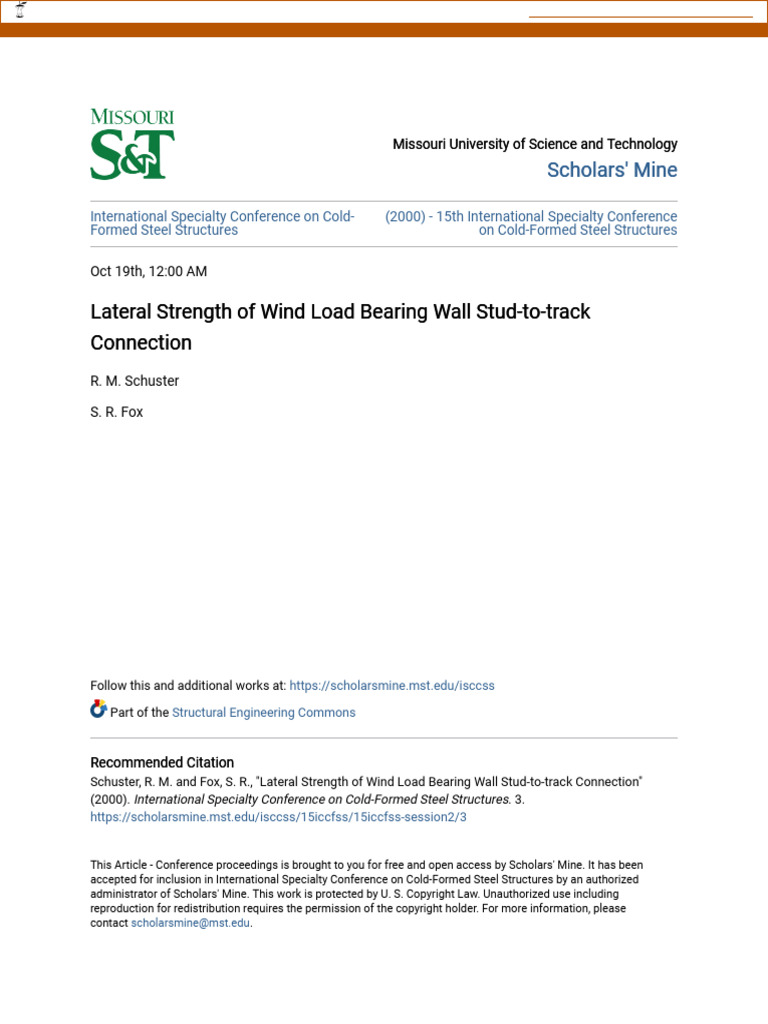 Lateral Strength of Wind Load Bearing Wall Stud To Track Connection ...