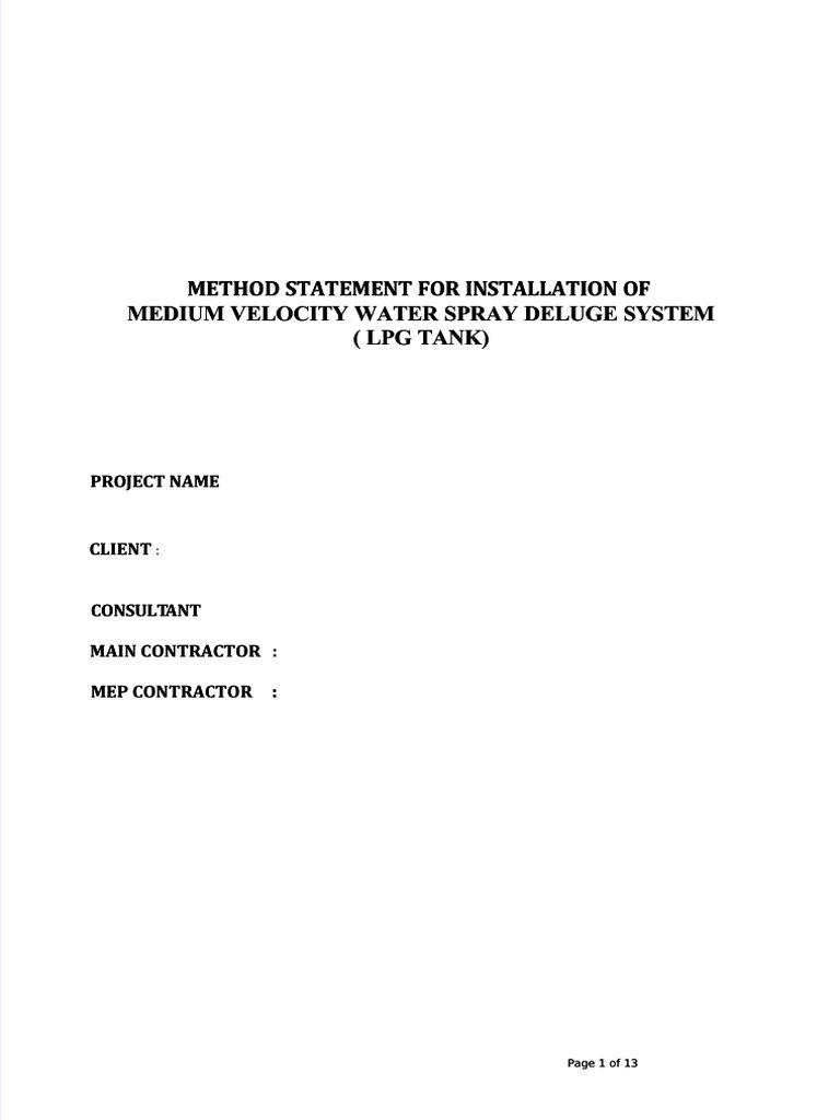 Method Statement For Installation of Deluge System (LPG) | PDF