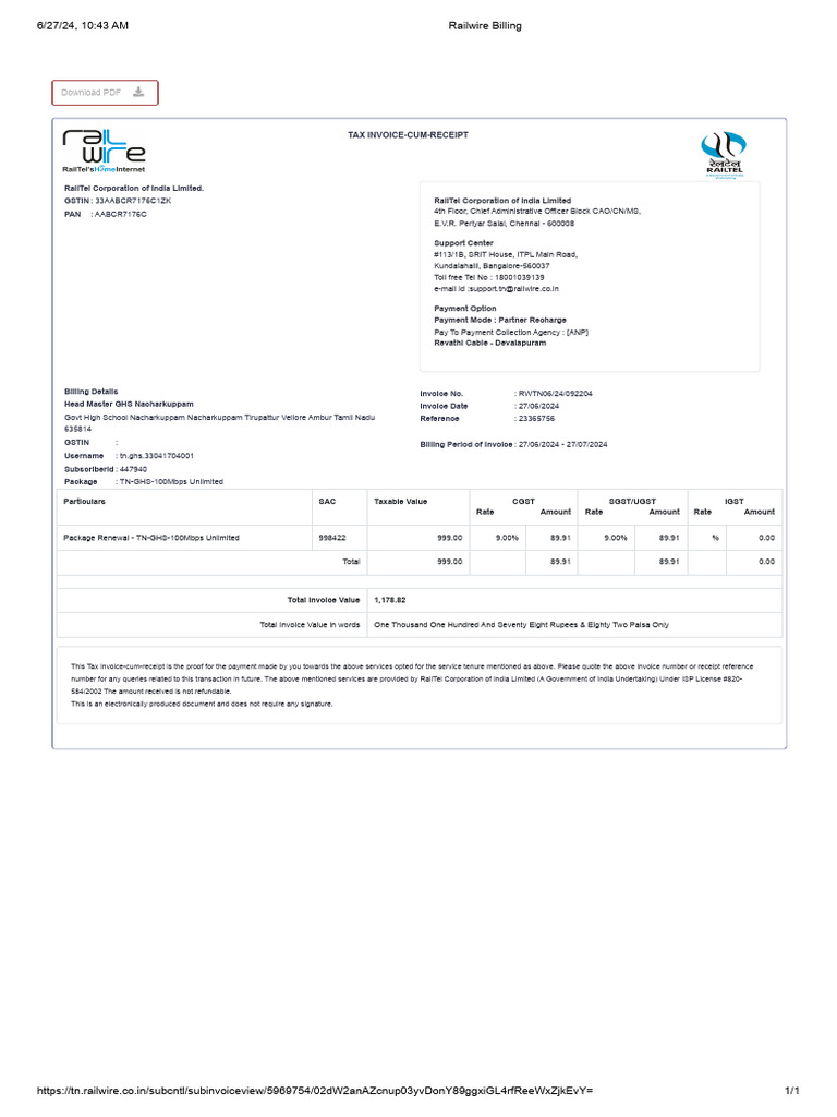 02_Railwire_Subscriber_Invoice_JUN_2024 | PDF | Government Finances | Taxes