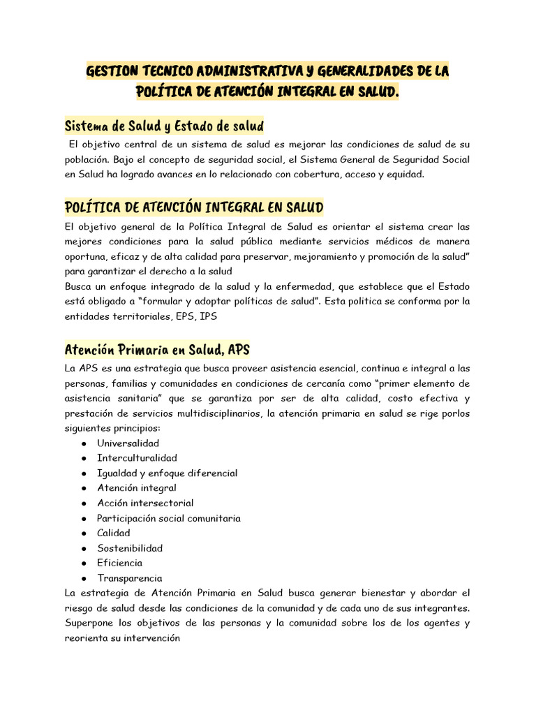 Gestion Tecnico Administrativa y Generalidades de La Politica de Atencion Integral en Salud ...