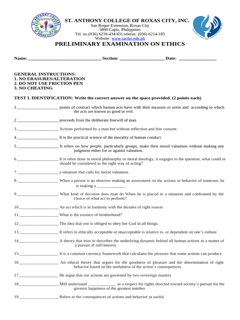 Preliminary Exam Ethics | PDF | Good And Evil | Morality