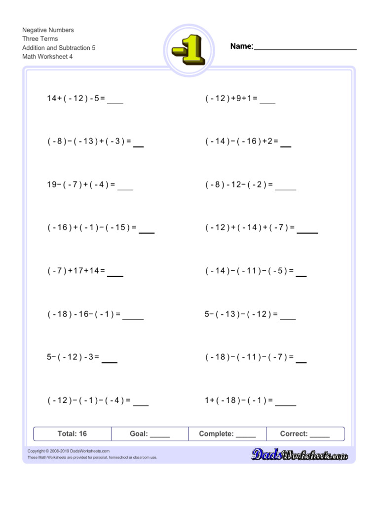 Negative Numbers Addition Subtraction Three Terms 5 v4 | PDF