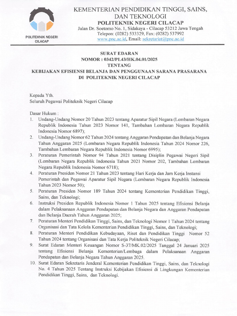 Surat Edaran Kebijakan Efisiensi Di PNC | PDF