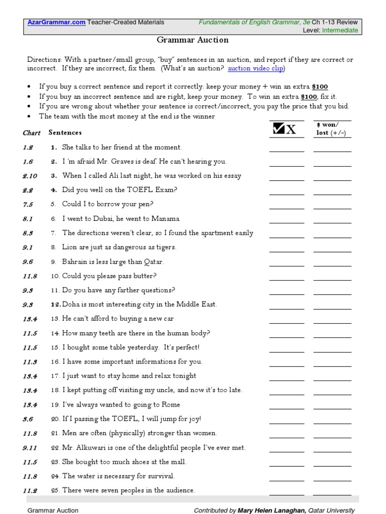Grammar Auction Activity Guide | PDF | Travel | Language Arts & Discipline