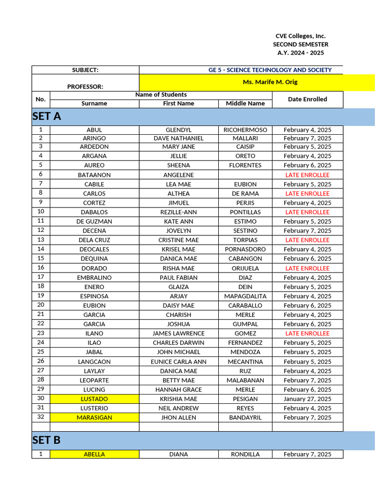 (Bsba) Ay 2024-2025 Student Per Subject Second Sem | PDF | Onomastics
