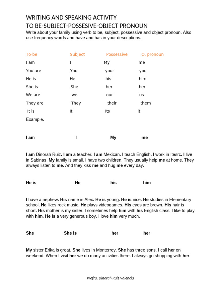 Writing Speaking Activity Using Possessive and Object Pronouns | PDF ...