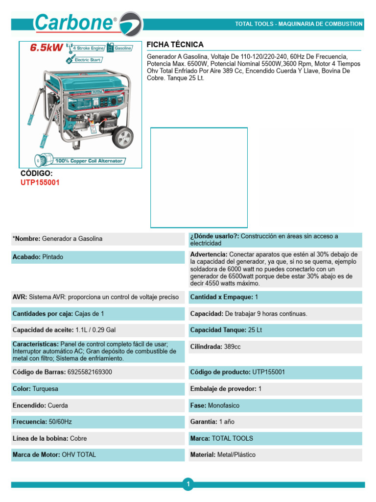 utp155001-generador-a-gasolina-v | PDF | Generador eléctrico | Motores