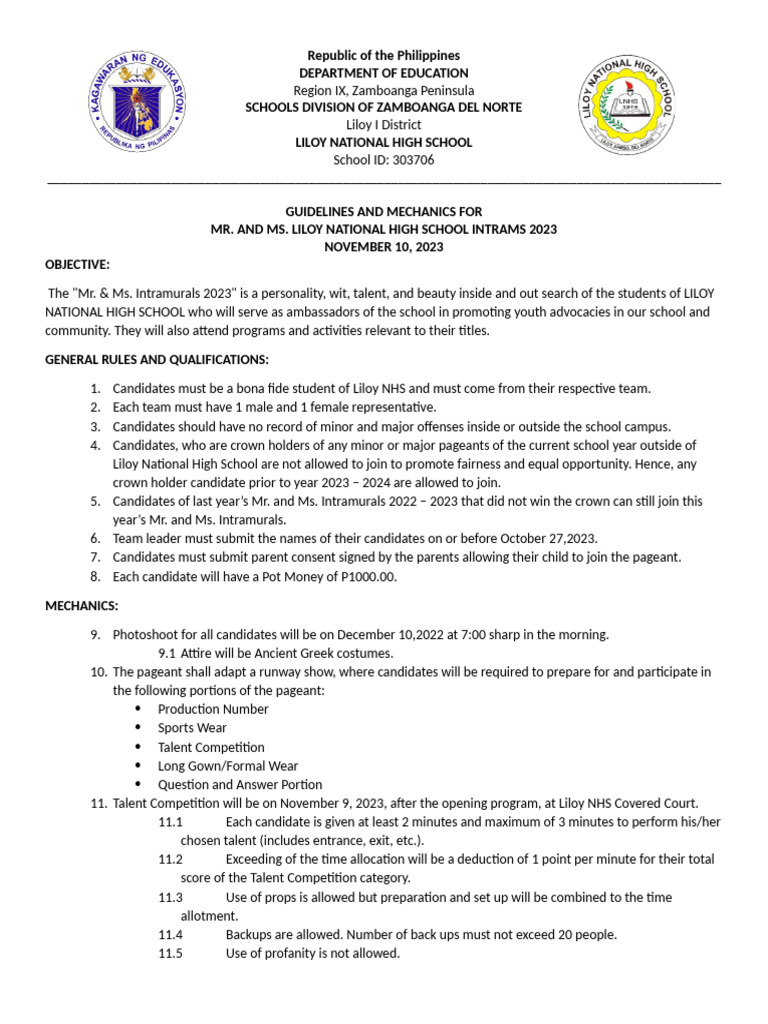 Mr. & Ms. Liloy NHS Intrams 2023 Guidelines | PDF