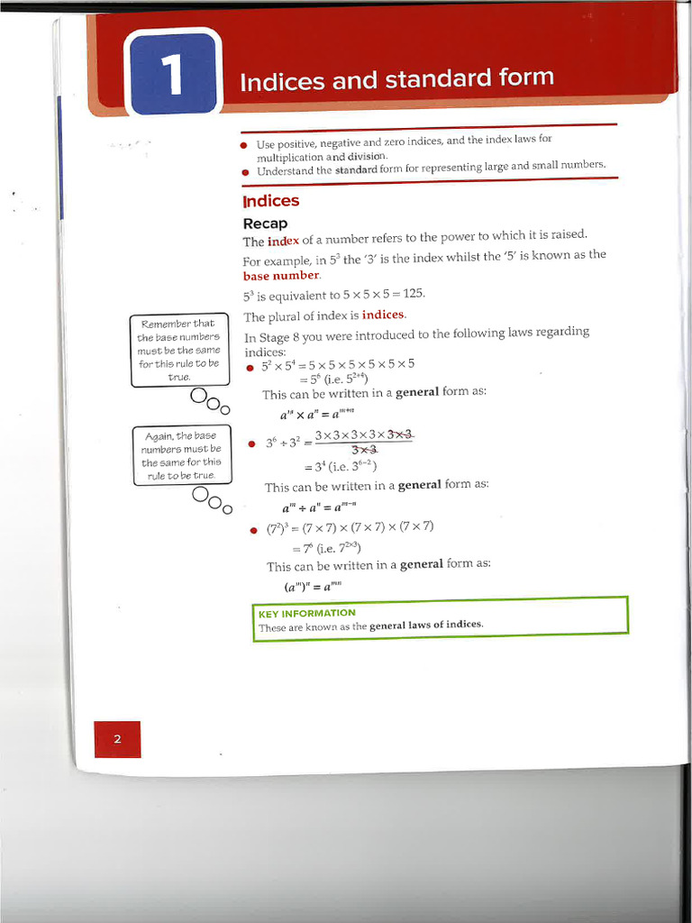 Y9 Maths - 1 Indices and Standard Form (PG 2-11) - Done | PDF