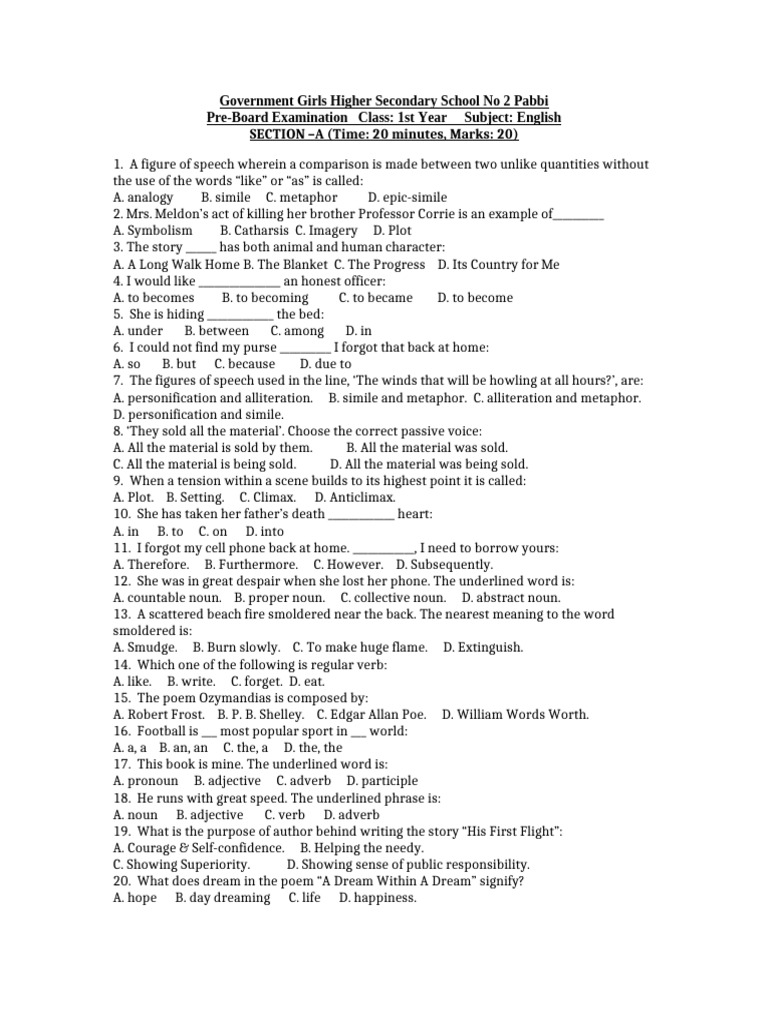 1st Year English Pre-Board Exam Paper | PDF | Noun | Verb