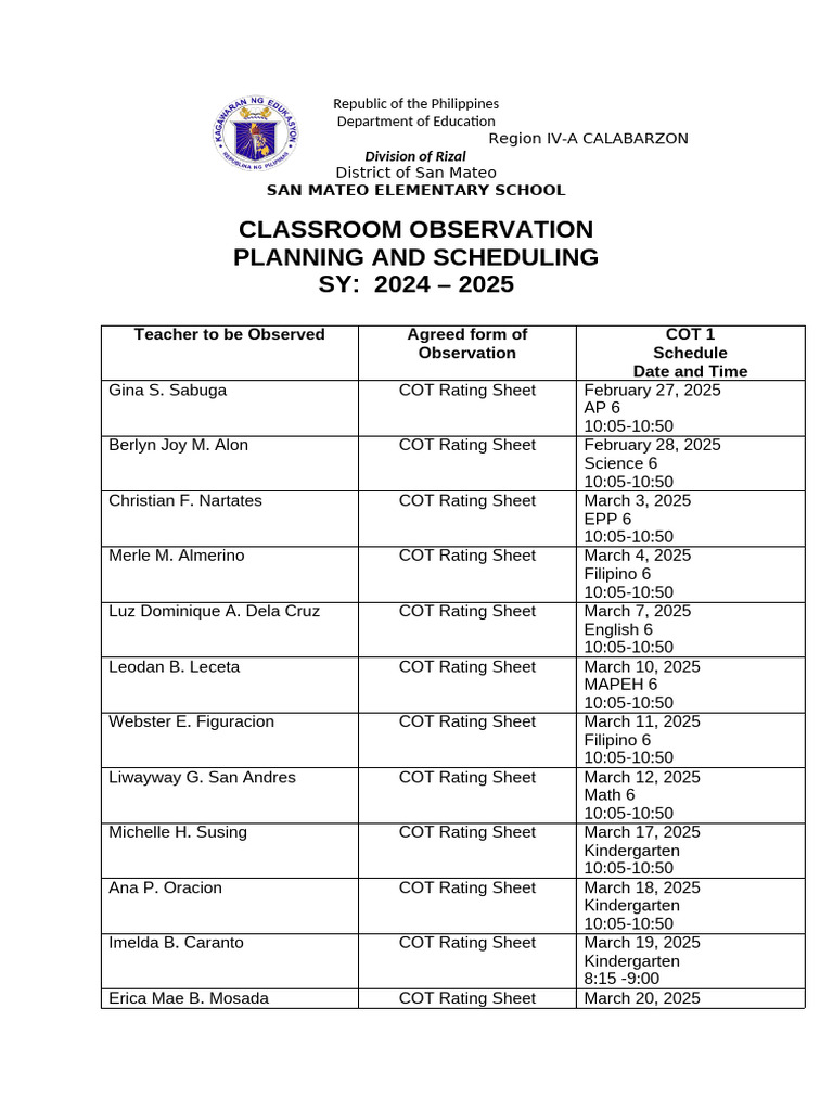2025 Cot Observation Schedule | PDF